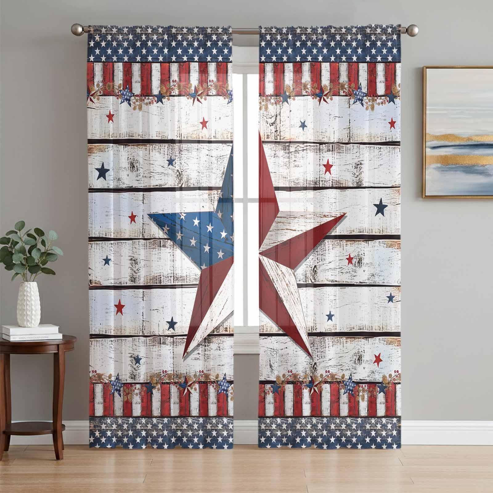 4th of July Star Sheer Curtains 63 Inch Length 2 Panels Set ...