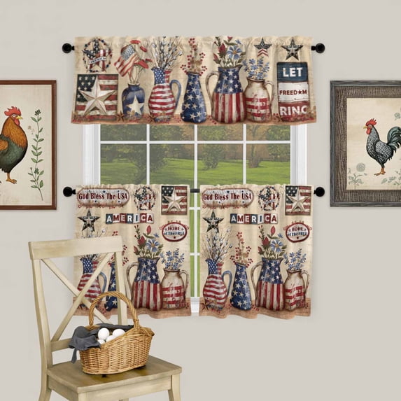 4th of July Star and Stripe Flower Curtain Tier and Valance Set 3 Piece ...