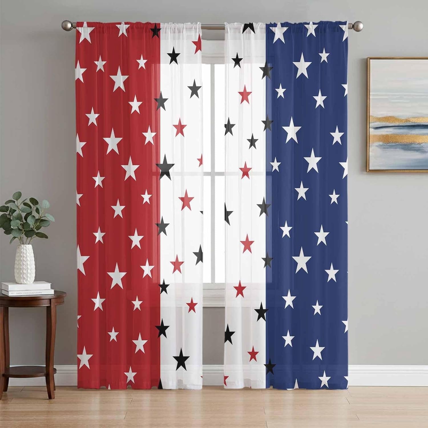 4th of July Stars Blue Red White Thin Chiffon Sheer Curtains 63 Inches ...