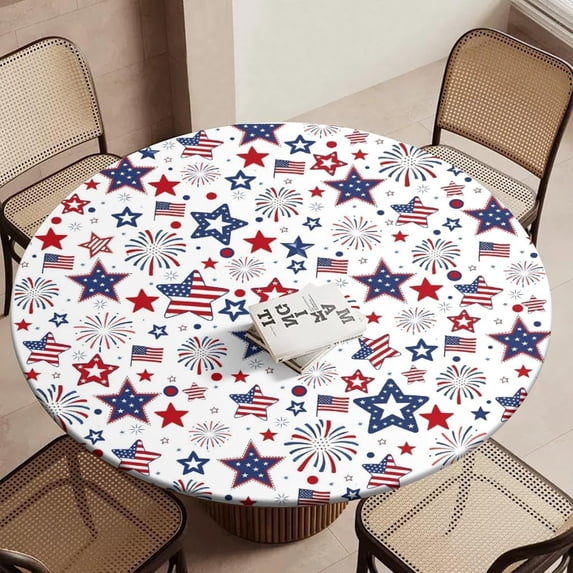 4th of July Stars Round Fitted Tablecloth with Elastic Edge 60 Inch ...