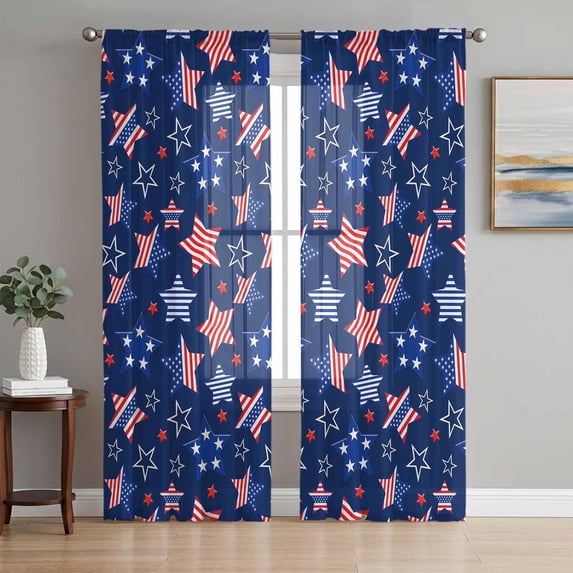4th of July Stars Semi Sheer Curtains 63" Long 2 Panels, Light Filter ...
