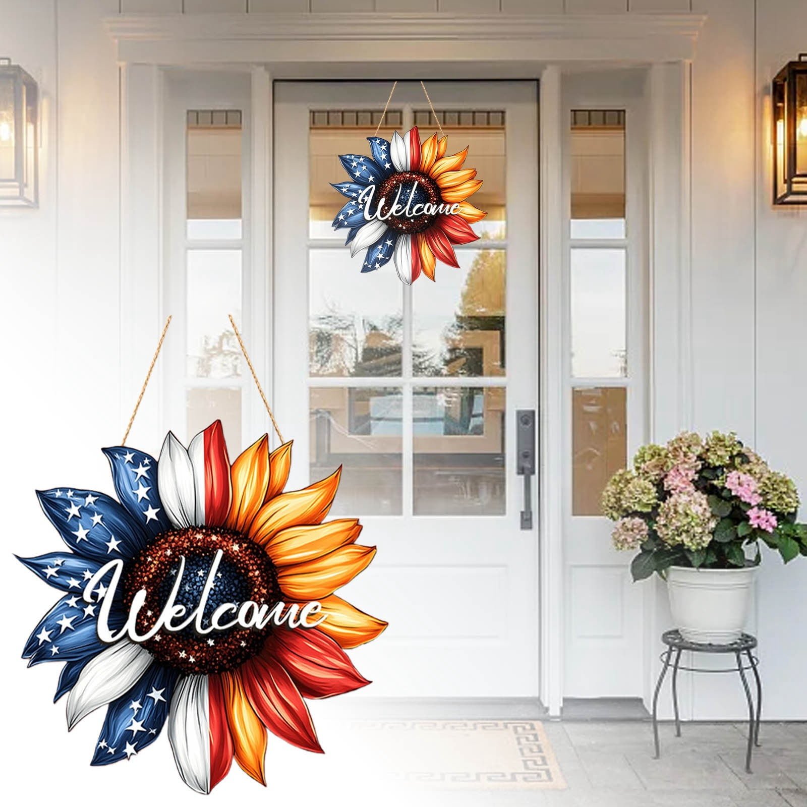 4th of July Sunflower Door Hanger - 12 Inch Patriotic Wooden Welcome ...