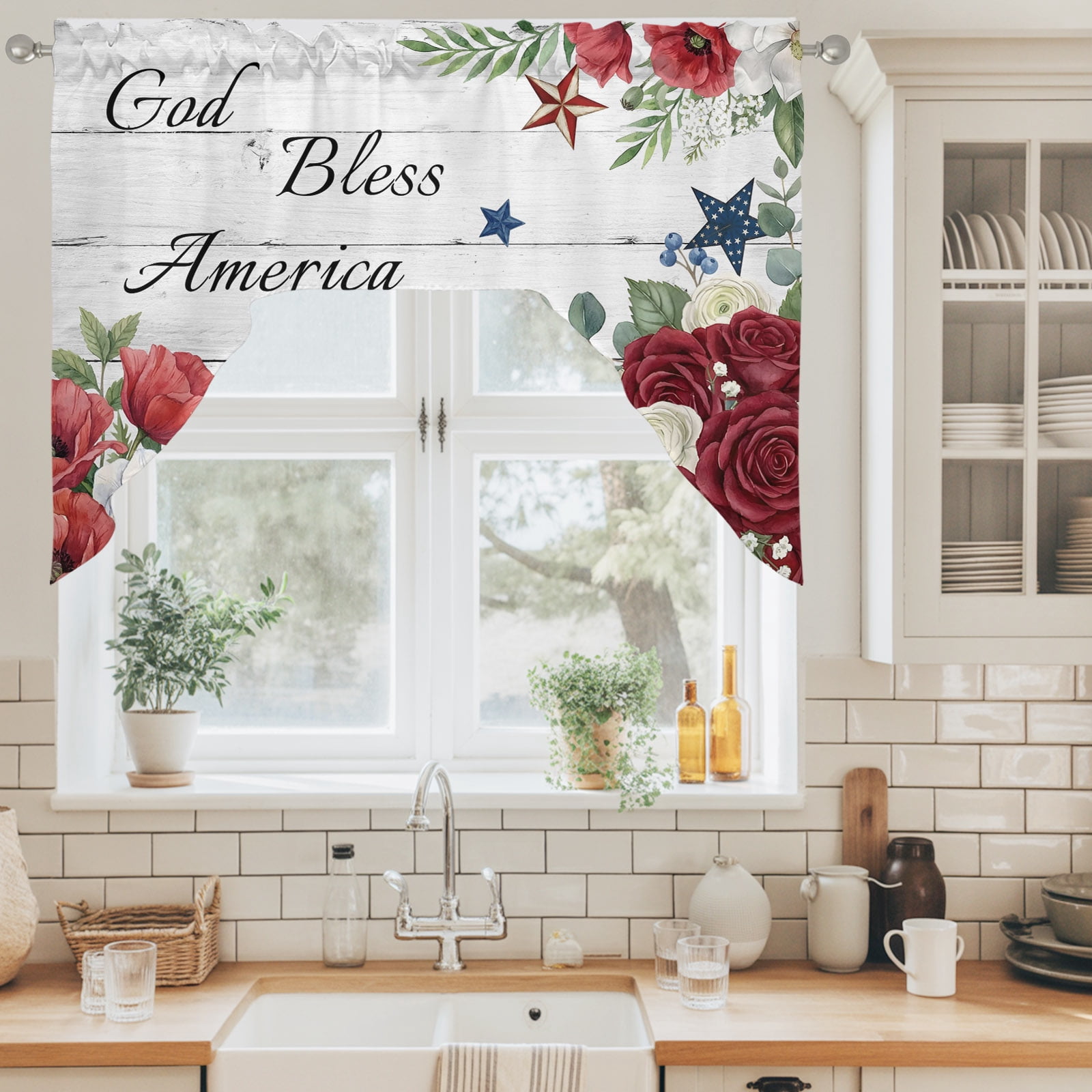 4th of July Swag Curtain Valance for Windows, God Bless America Stars ...