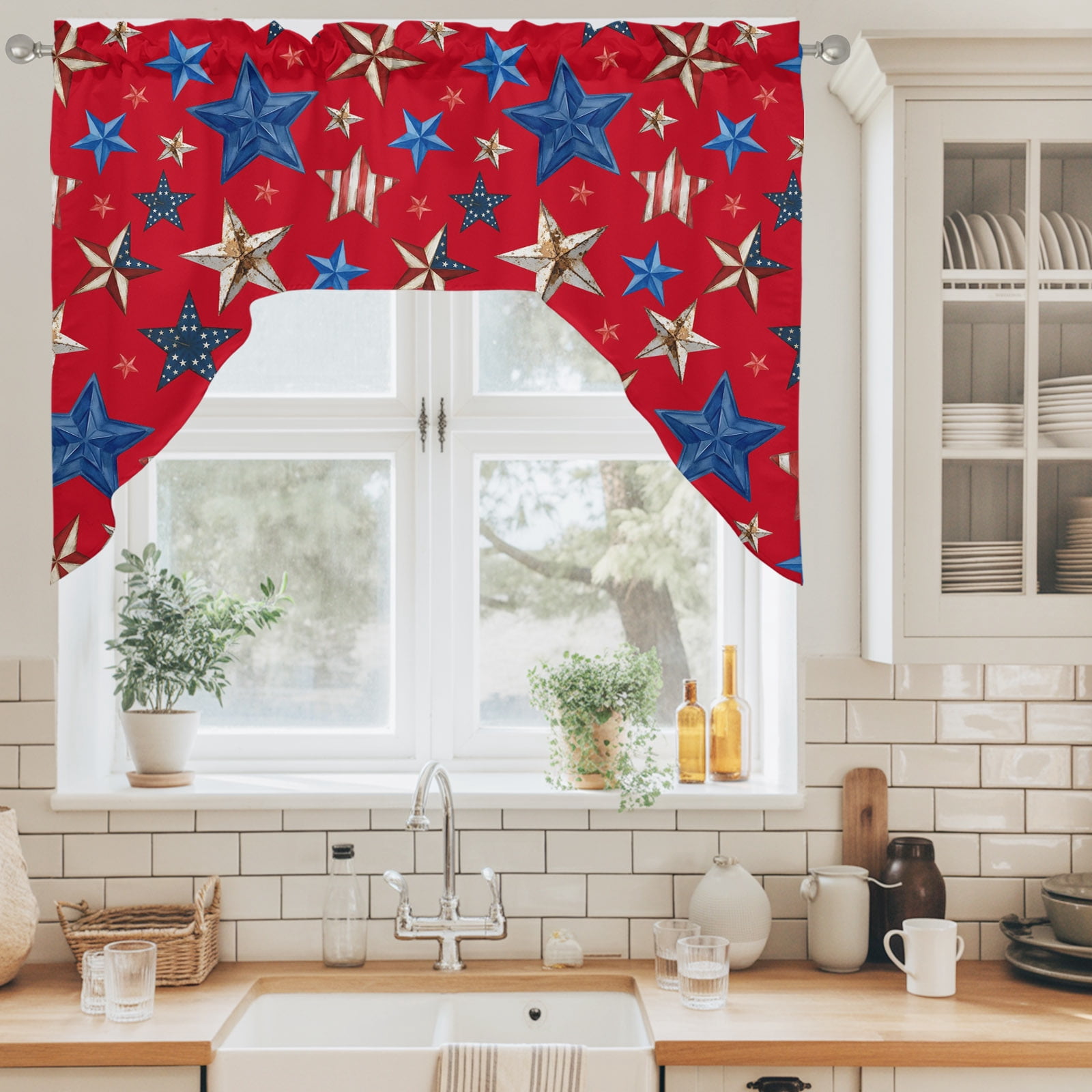 4th of July Swag Curtain Valance for Windows, Mottled Usa Flag Striped ...