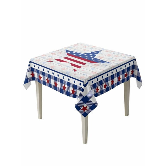 4th of July Table Cloth, American Flag Star on Wood Blue Checkered ...
