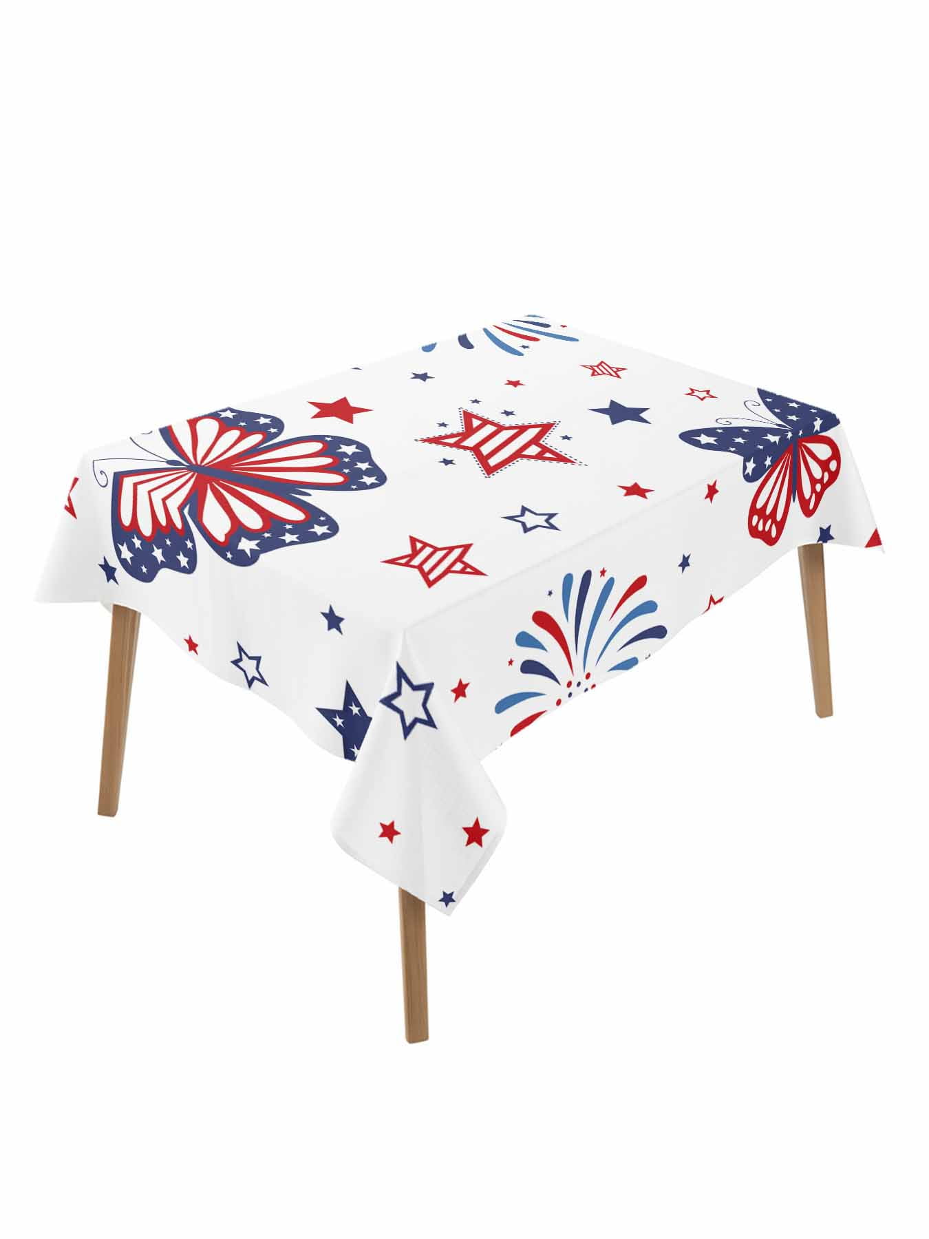4th of July Table Cloth, Butterfly Star Blue Red Fireworks Independence ...