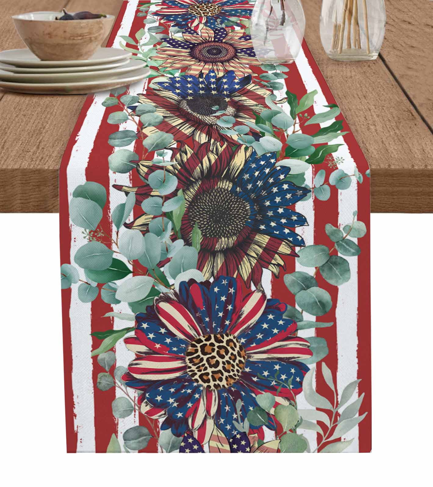 4th of July Table Runner 108 Inches, Red Striped Independence Day Star ...