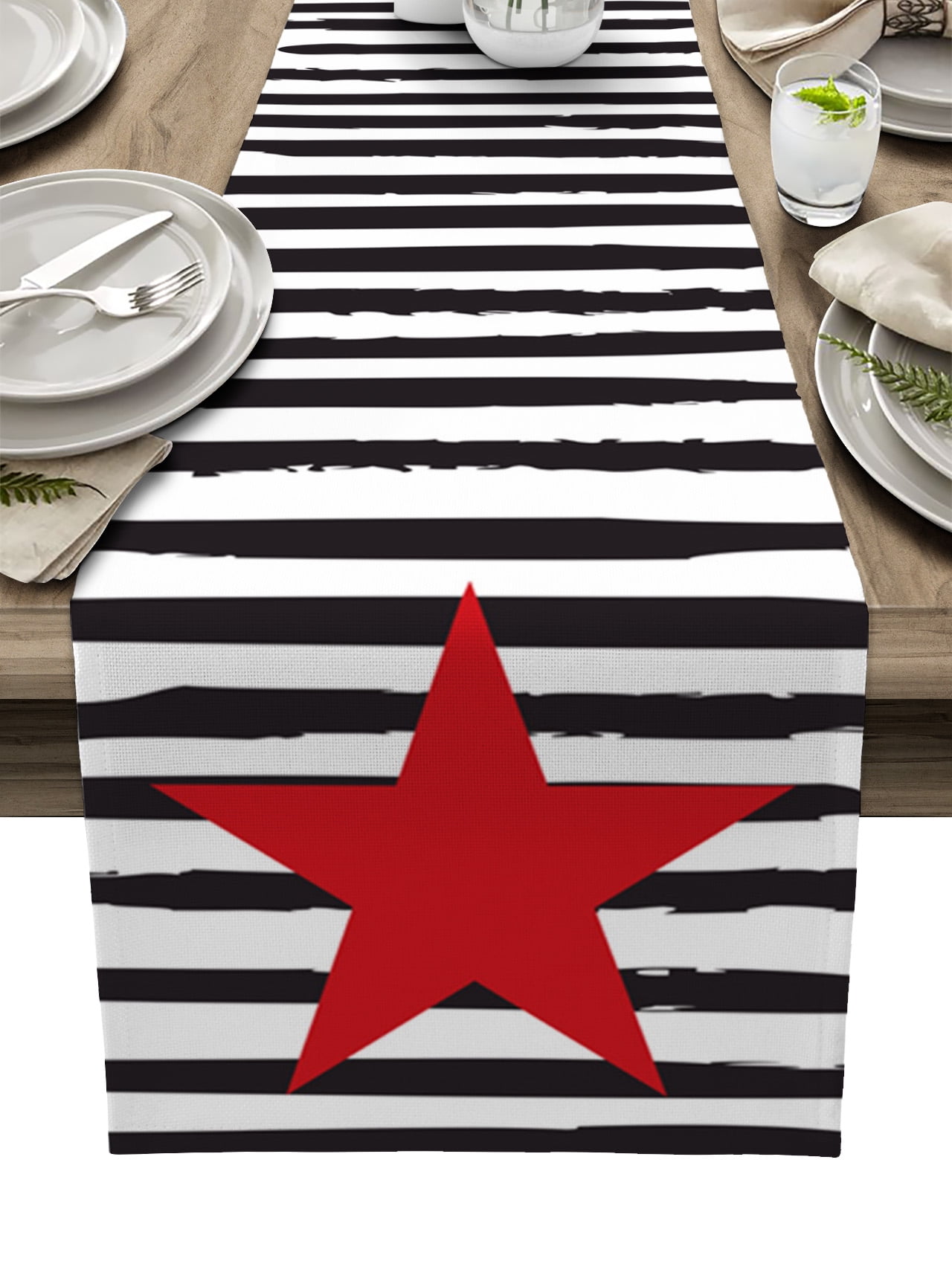 4th of July Table Runner 120 Inches, Black White Stripes Red Star ...