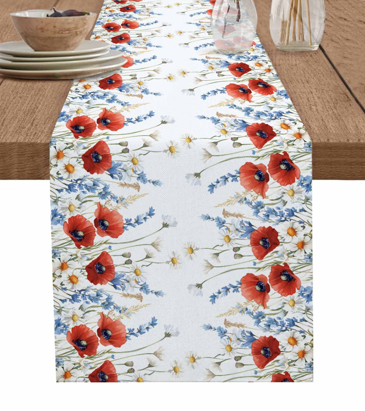 4th of July Table Runner 120 Inches, Independence Day Red Blue Flowers ...