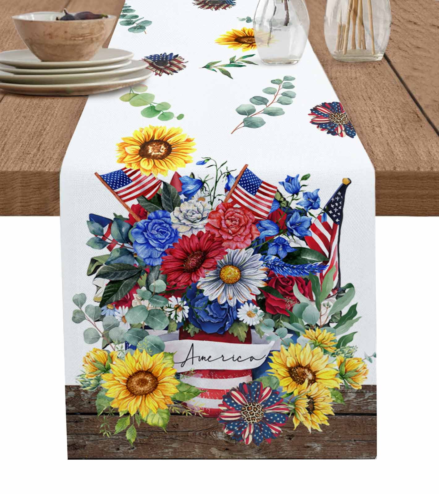4th of July Table Runner 120 Inches, Independence Day Sunflower Bed ...