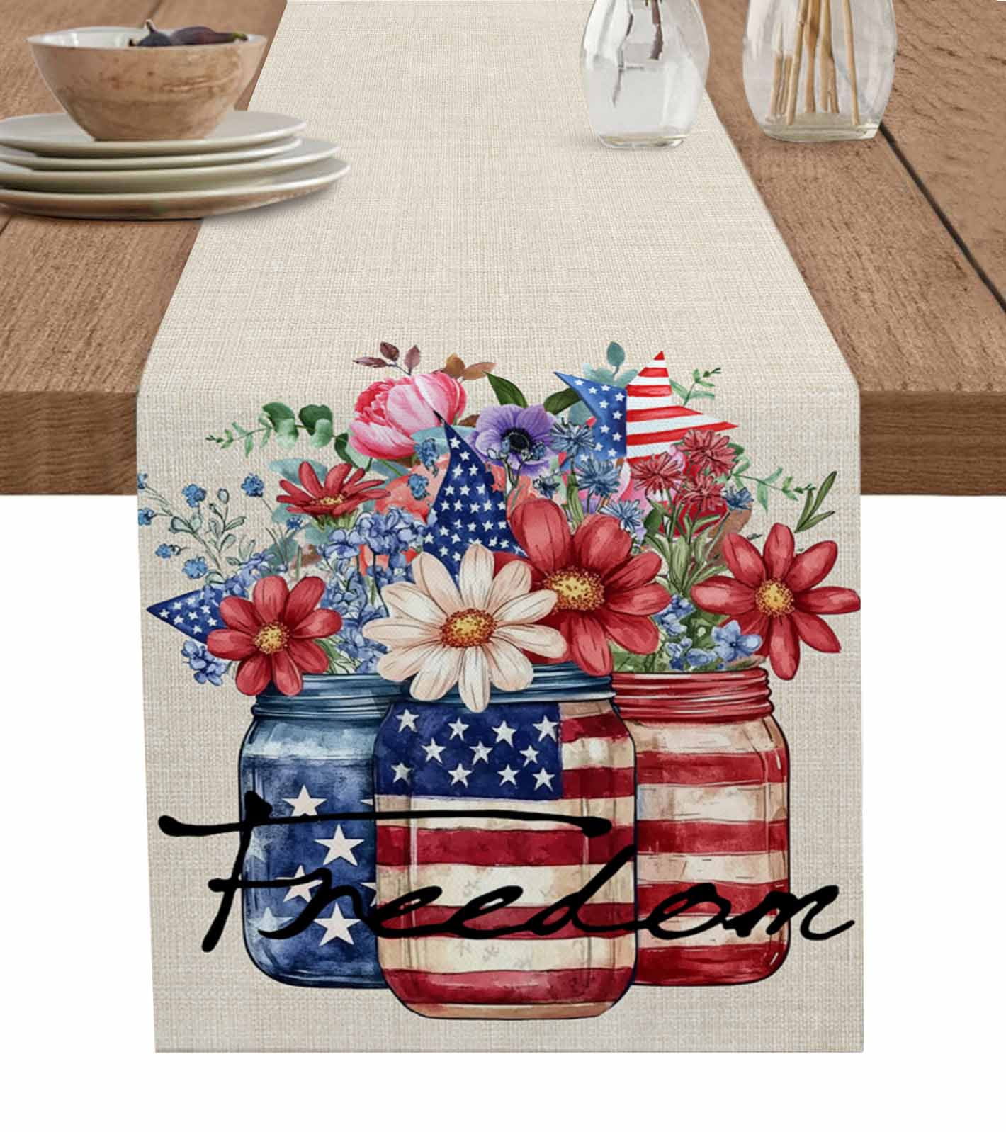 4th of July Table Runner 120 Inches, Red Blue Floral Independence Day ...