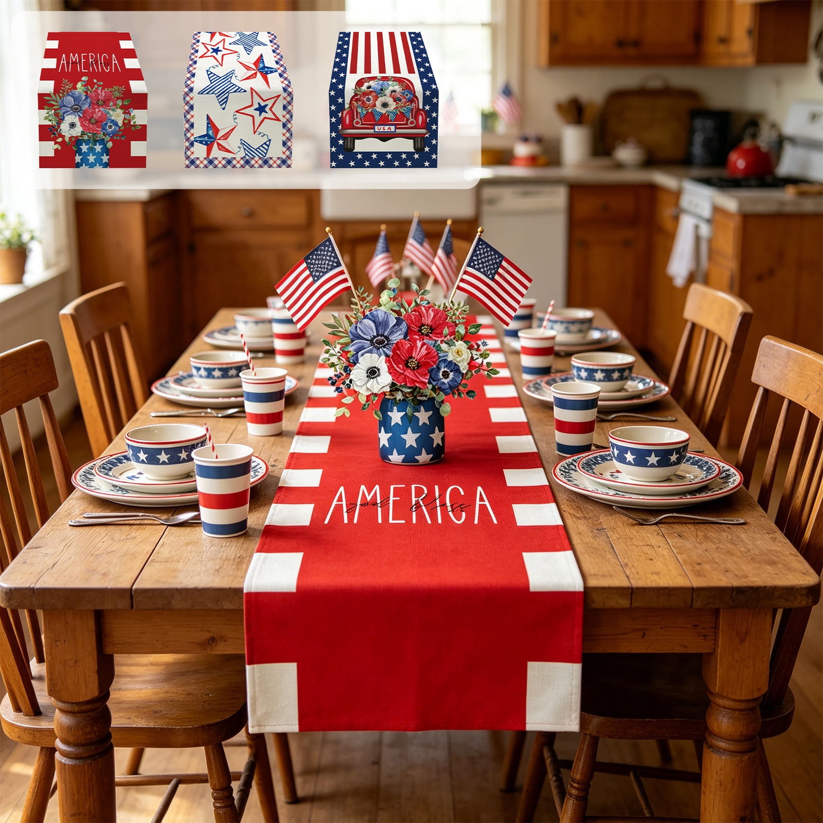 4th of July Table Runner 13" x 72", Floral Patriotic Theme Kitchen ...