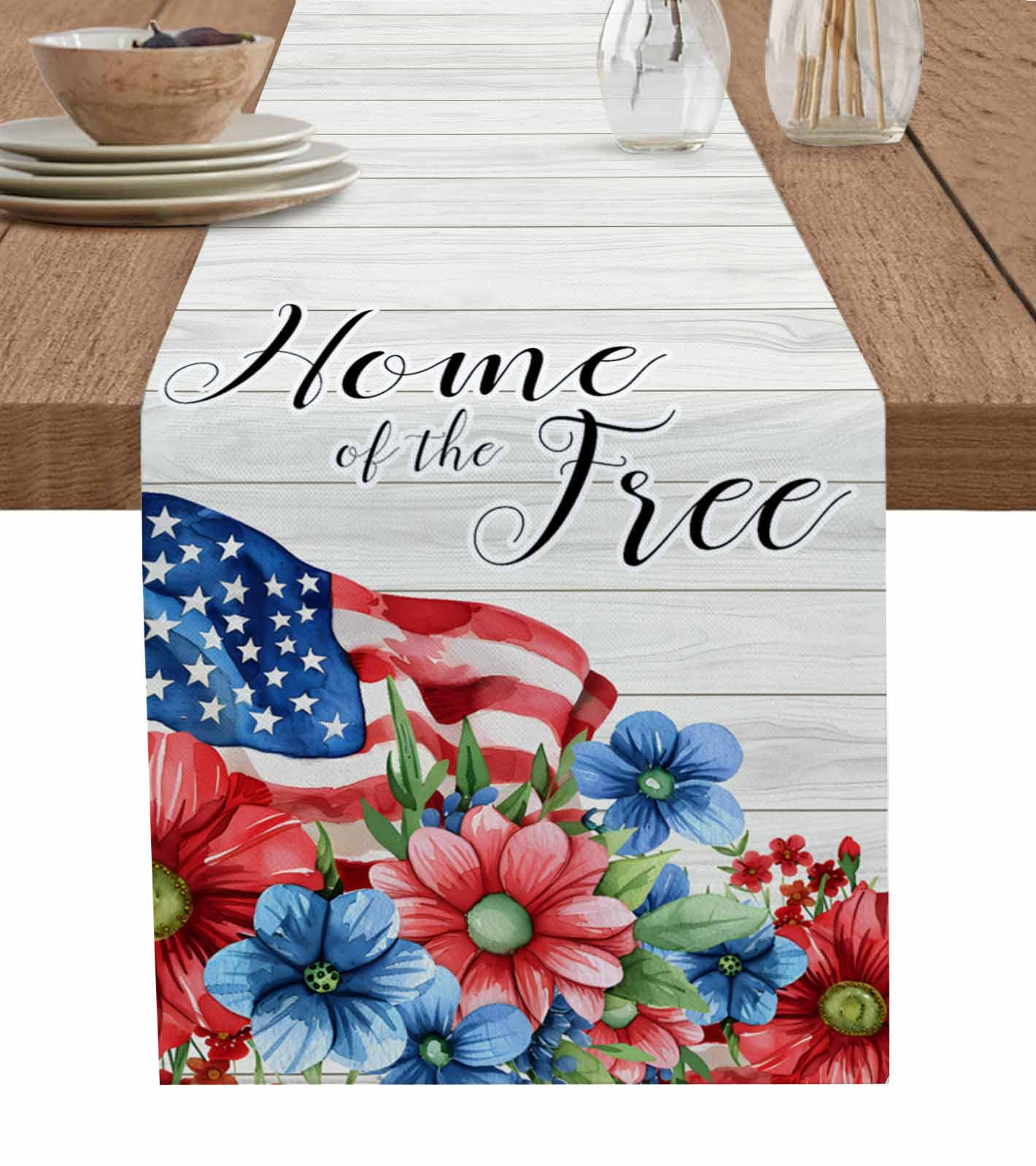 4th of July Table Runner 36 Inches, Independence Day Blue Red Floral ...