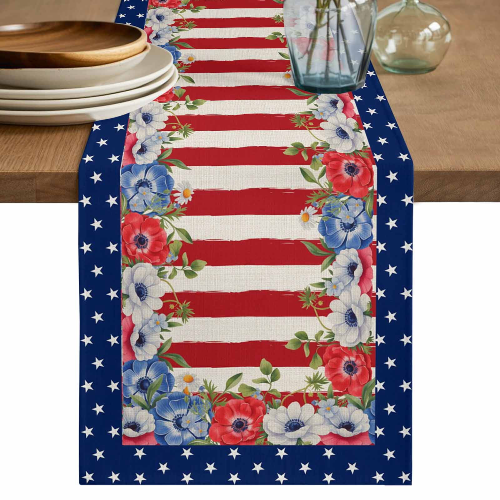 4th of July Table Runner 36 Inches, Independence Day Red Blue Poppy ...