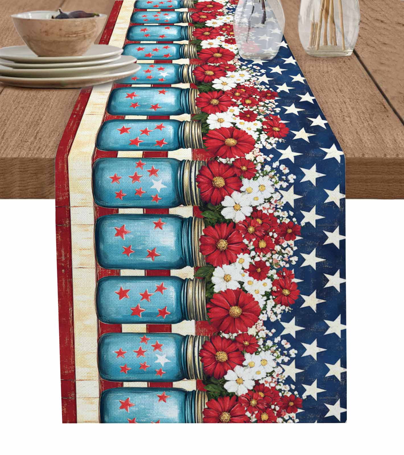 4th of July Table Runner 36 Inches, Independence Day Red Floral Blue ...