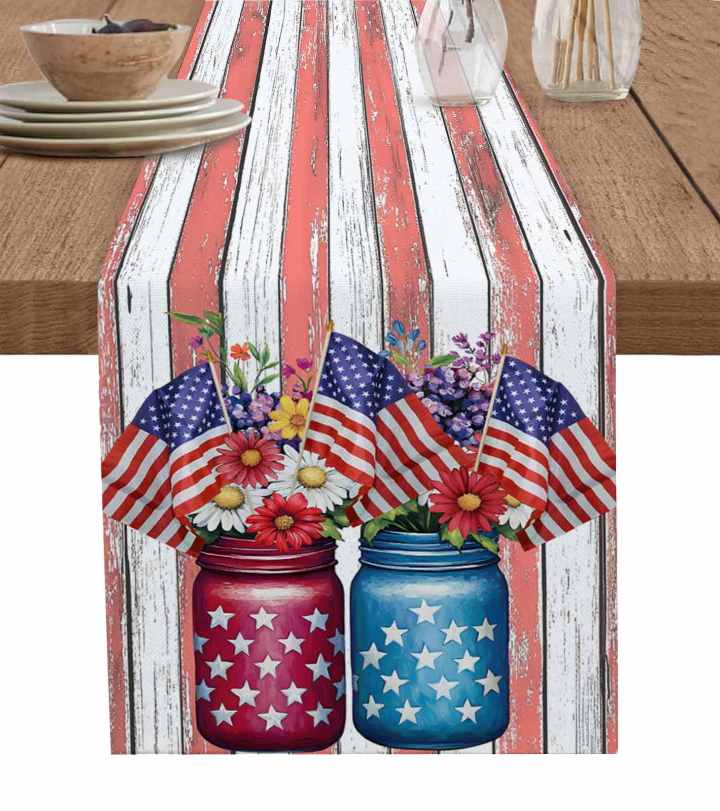 4th of July Table Runner 36 Inches, Independence Day Red Striped Floral ...