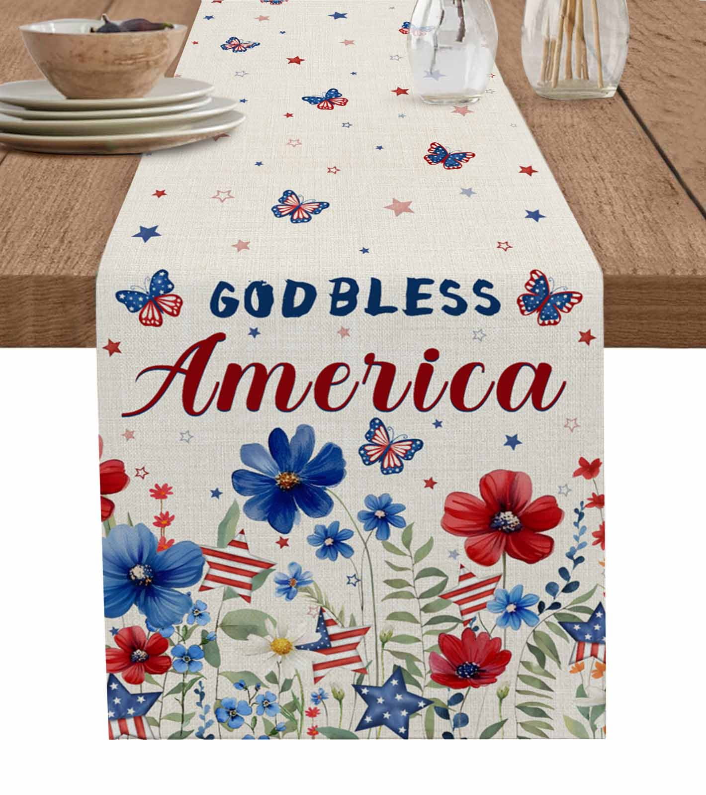 4th of July Table Runner 60 Inches, Independence Day Red Blue Floral ...