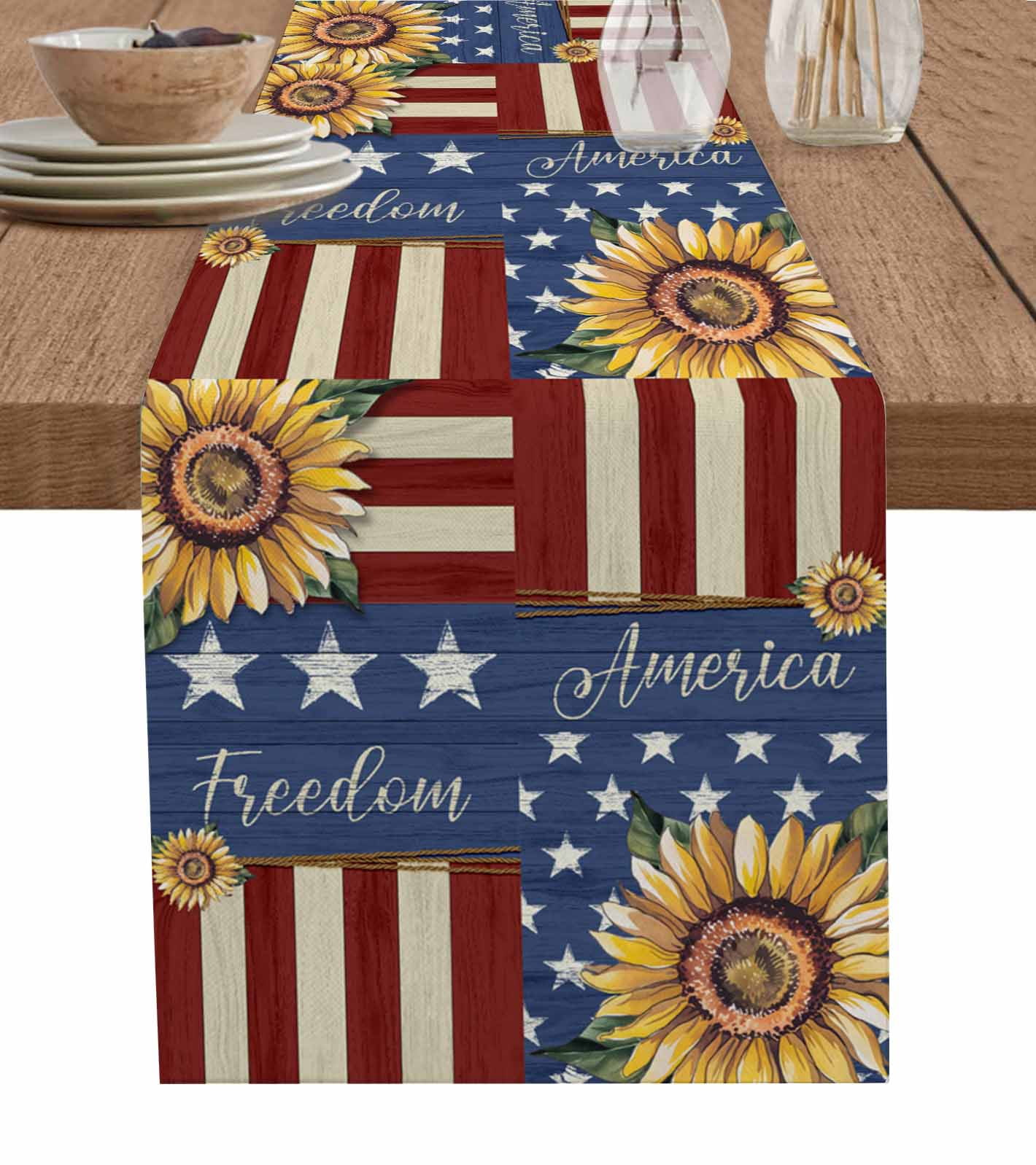 4th of July Table Runner 60 Inches, Independence Day Sunflower Blue Red ...