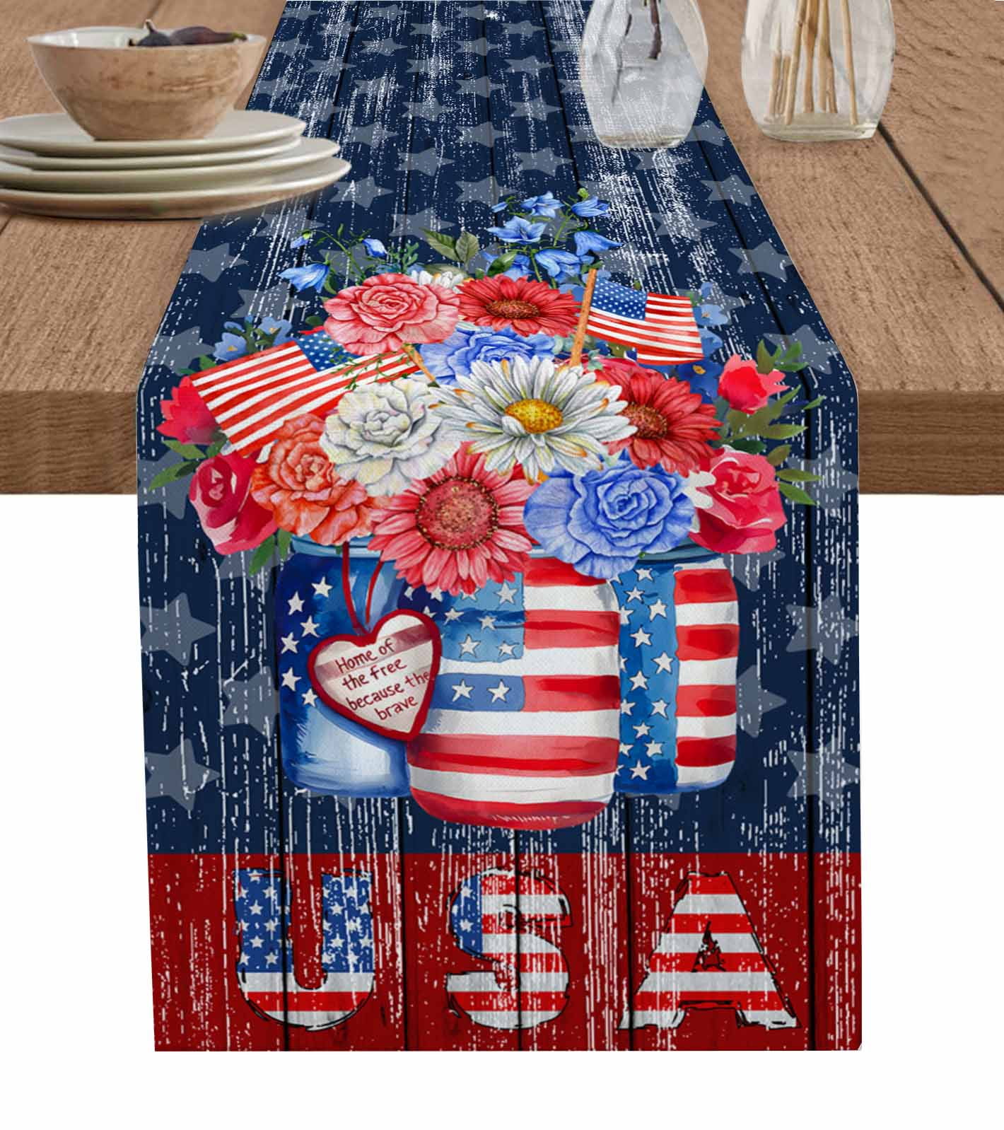 4th of July Table Runner 60 Inches, Independence Day USA Blue Red Star ...