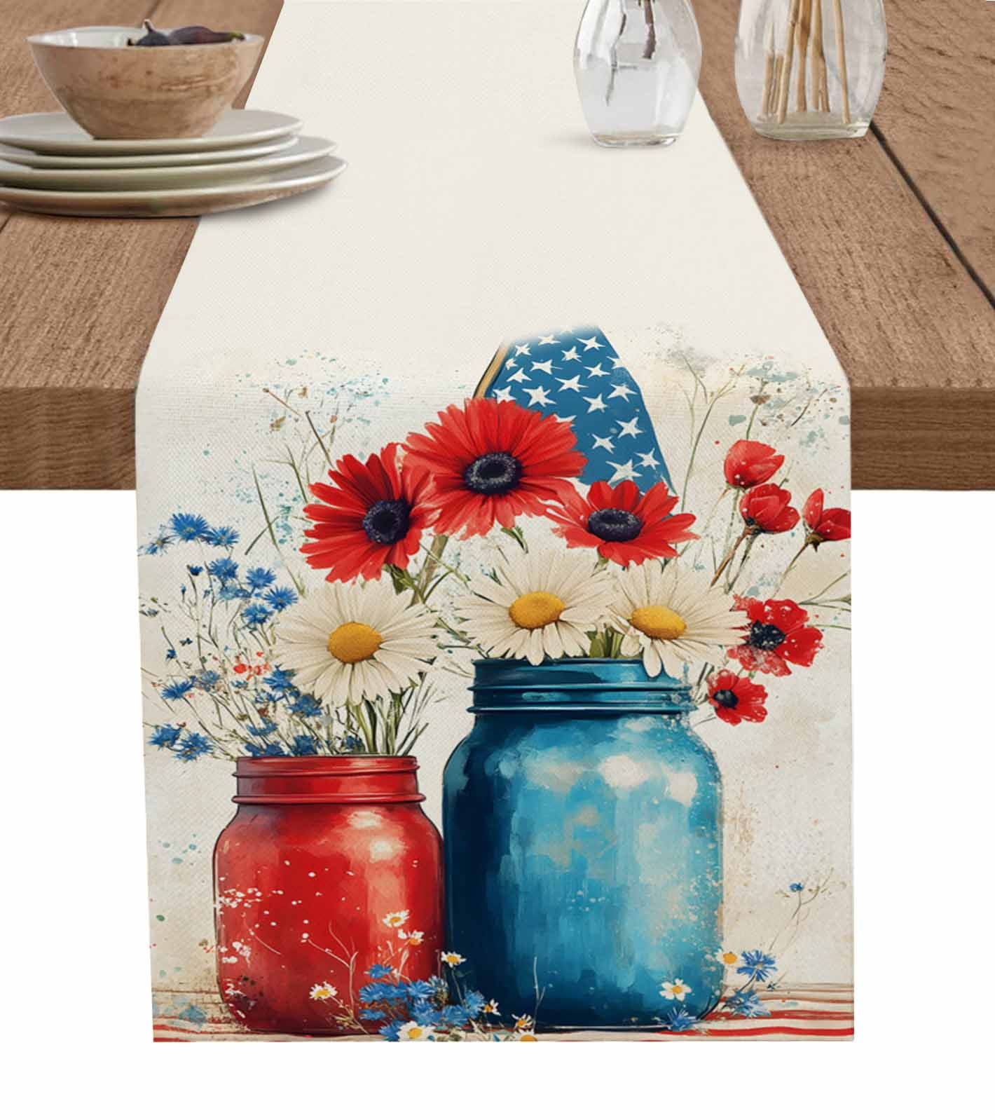 4th of July Table Runner 60 Inches, Red Blue Star Stripe UAS Flag Poppy ...