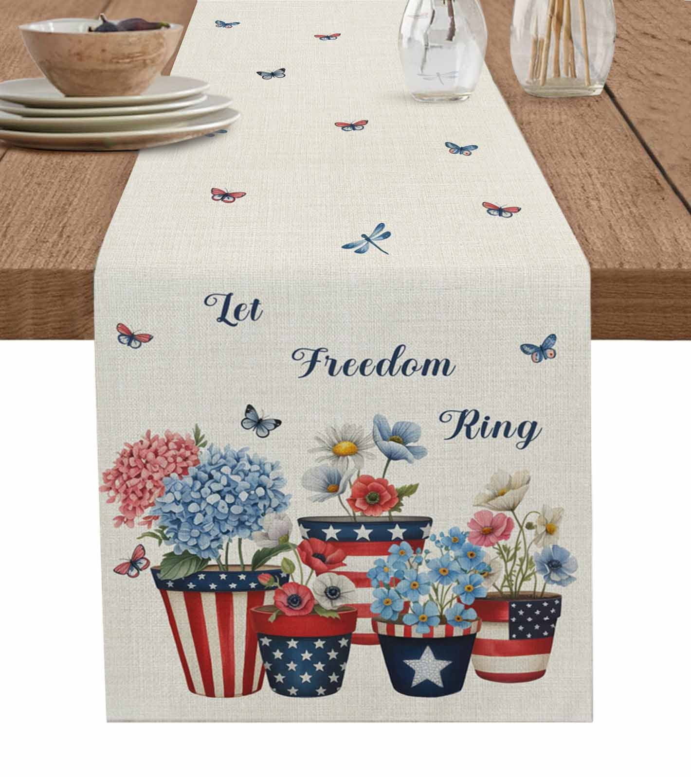 4th of July Table Runner 70 Inches, Retro Independence Day Flowers ...