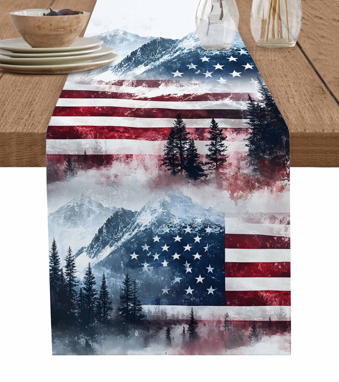 4th of July Table Runner 70 Inches, USA Flag Forest Independence Day ...