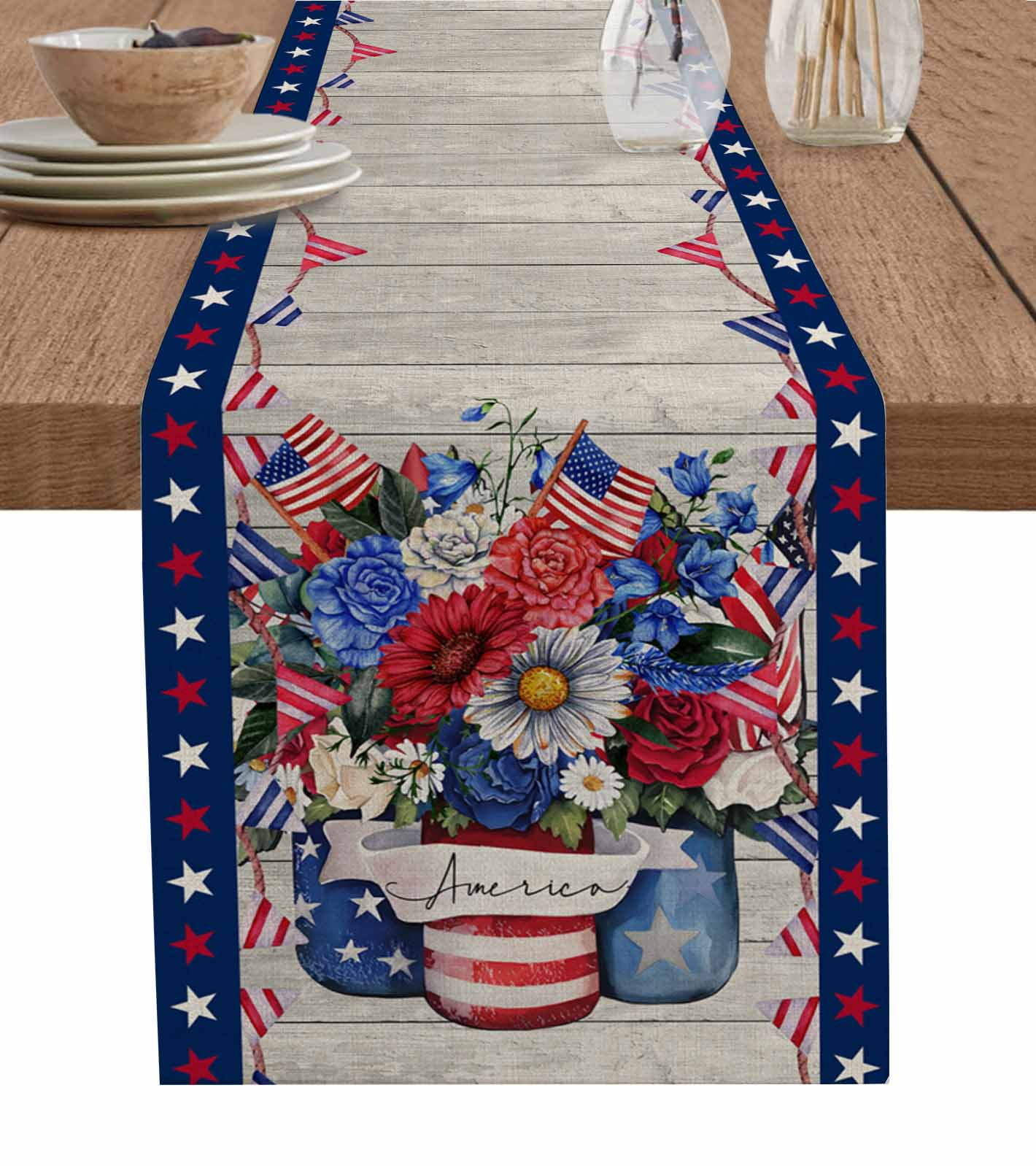 4th of July Table Runner 72 Inches, Blue Red Floral Vintage ...