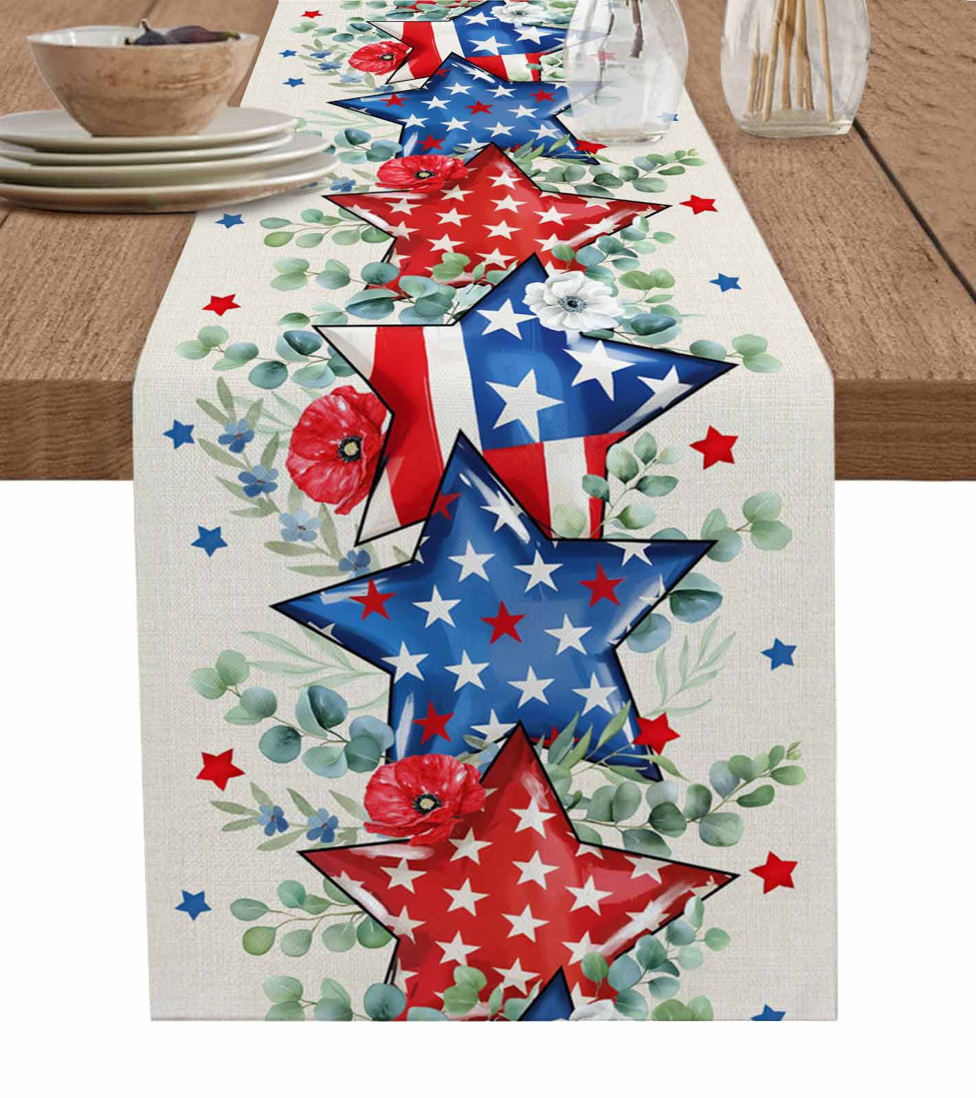 4th of July Table Runner 72 Inches, Blue Red Stars Independence Day ...