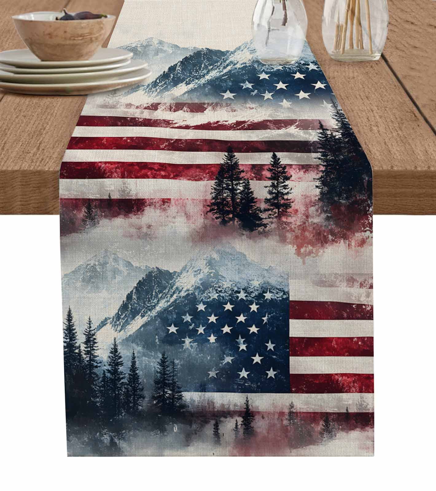 4th of July Table Runner 72 Inches, Forest Independence Day USA Flag ...