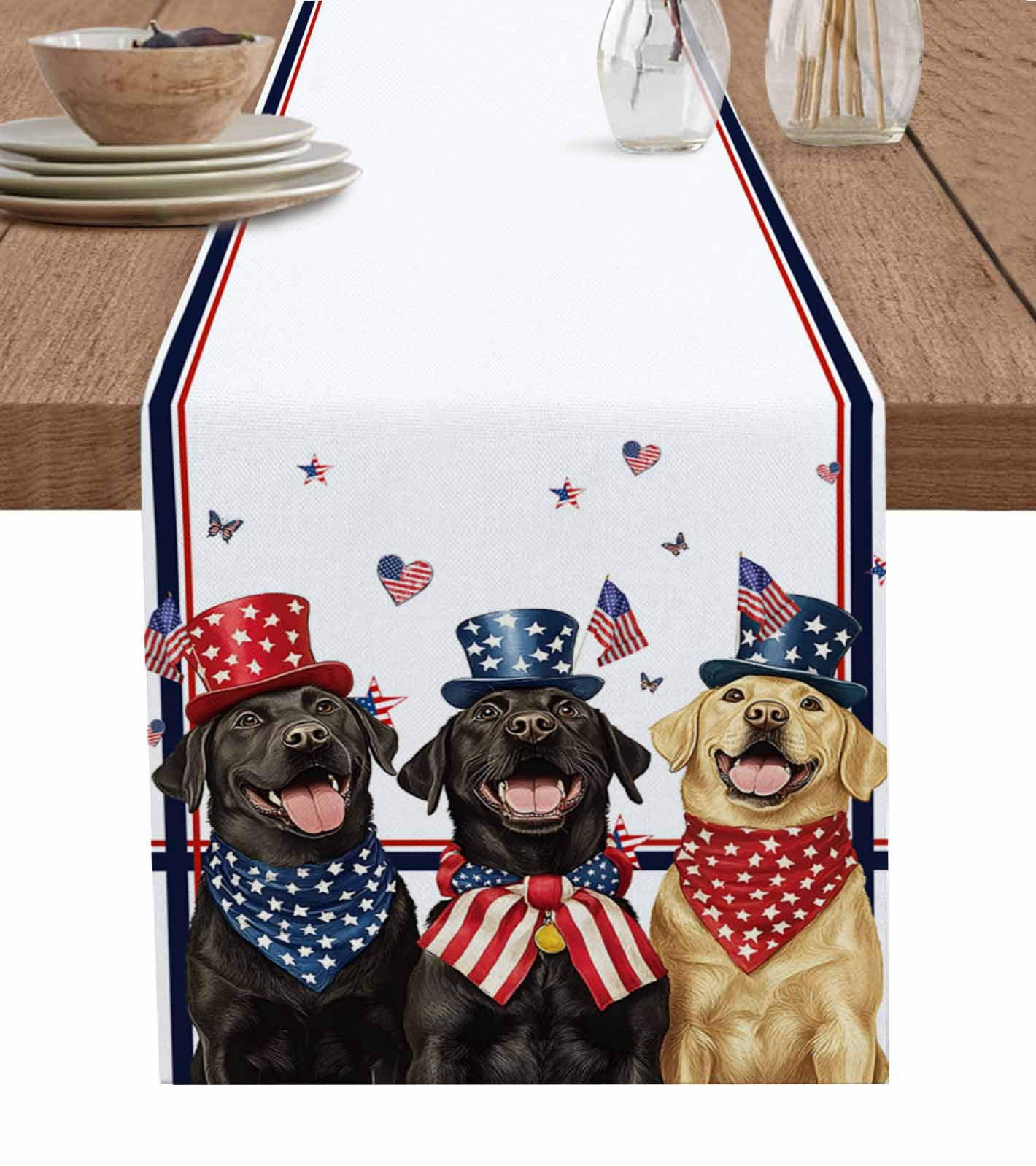 4th of July Table Runner 72 Inches, Independence Day Black Yellow Dogs ...