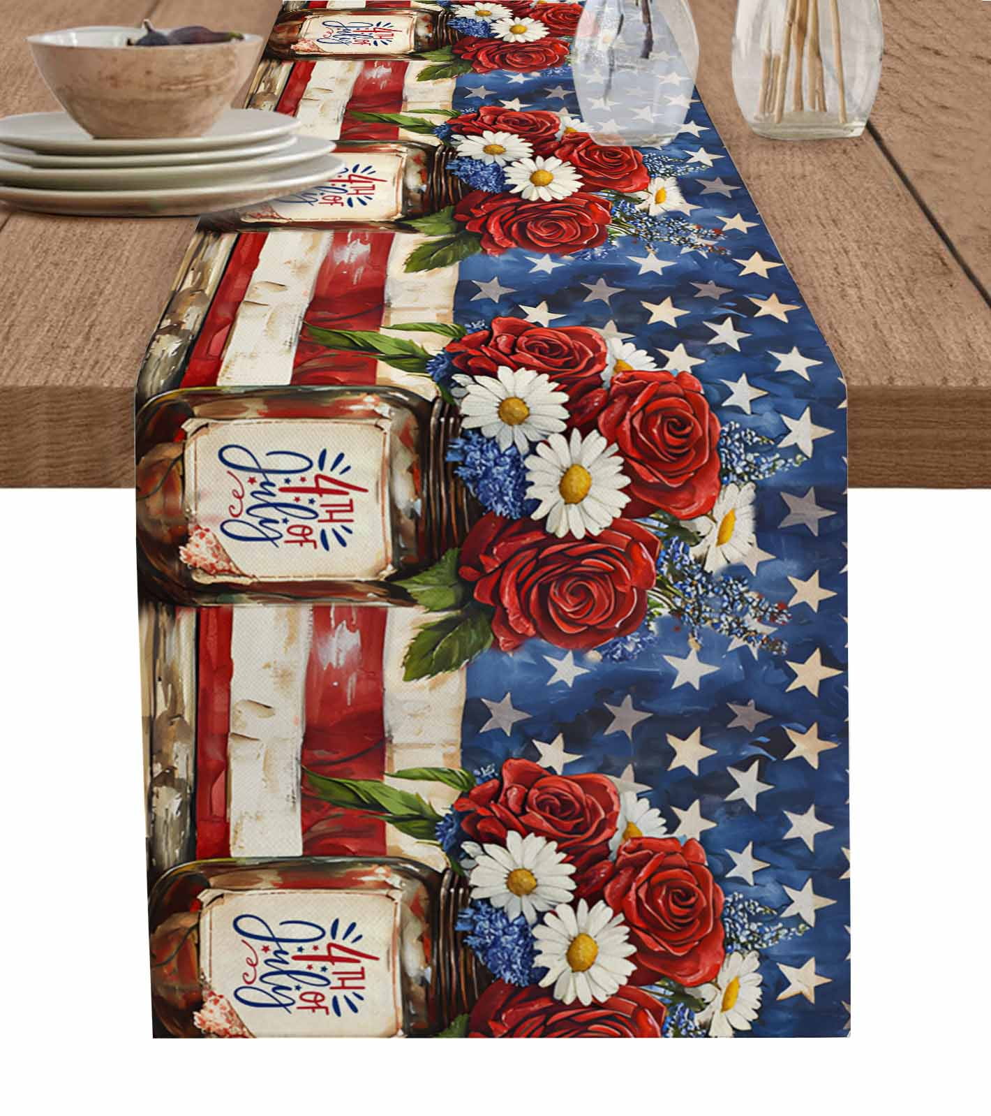 4th of July Table Runner 72 Inches, Independence Day Floral American ...