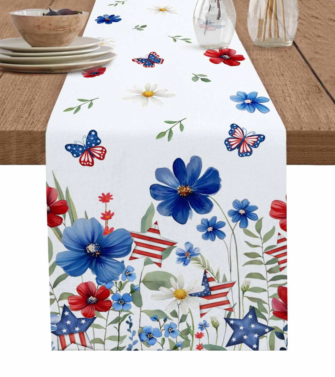 4th of July Table Runner 72 Inches, Independence Day Red Blue Floral ...