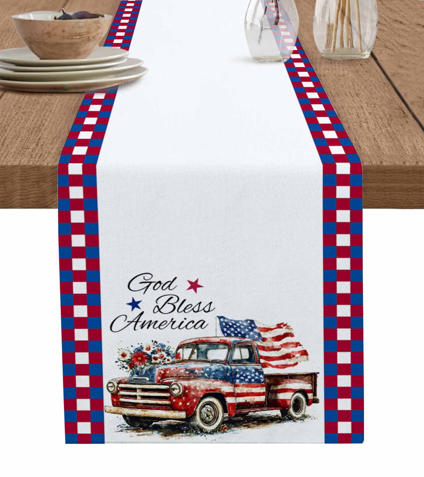 4th of July Table Runner 72 Inches, Independence Day Truck Red Blue ...