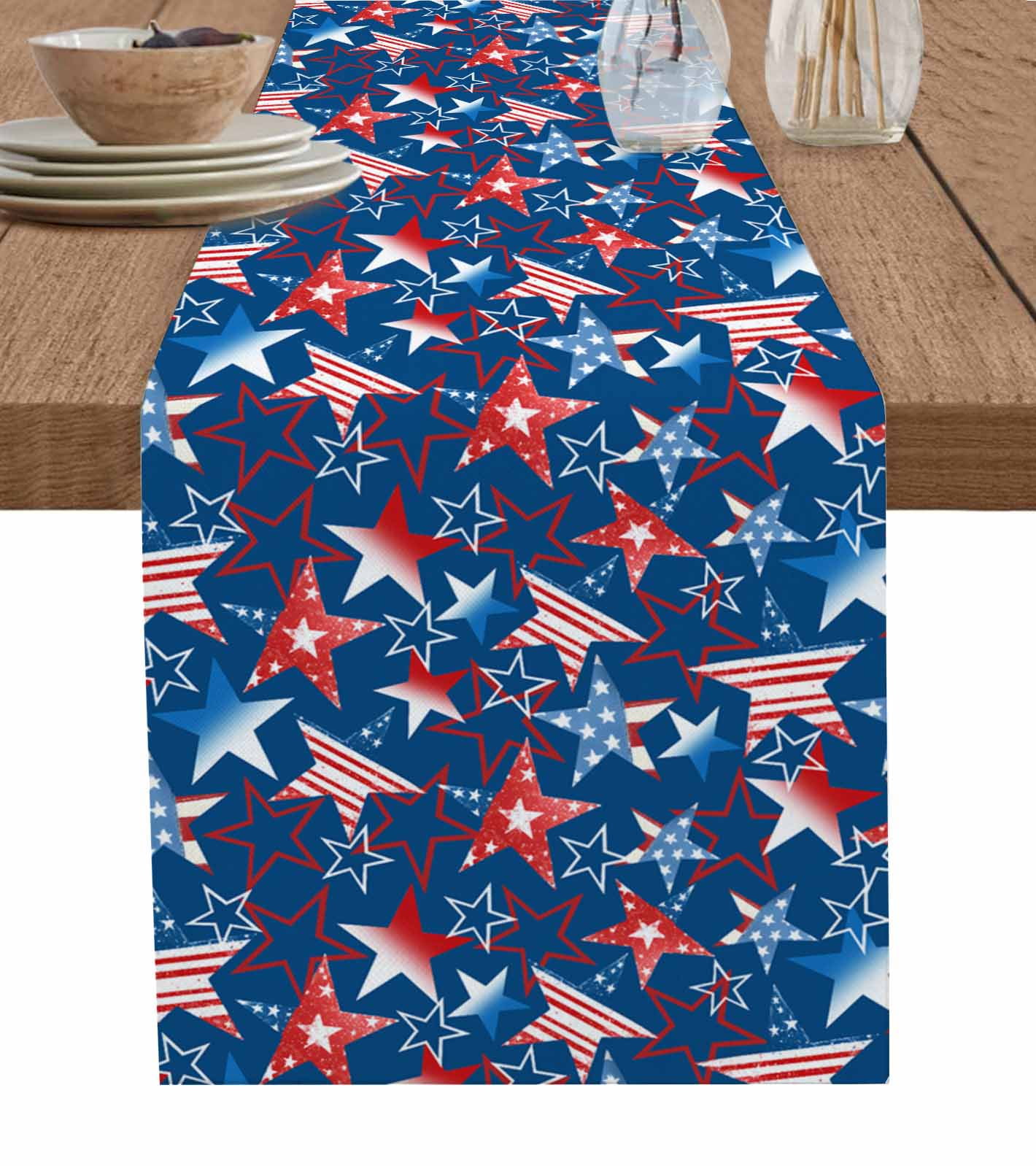 4th of July Table Runner 72 Inches, Navy Blue Red Stars Independence ...