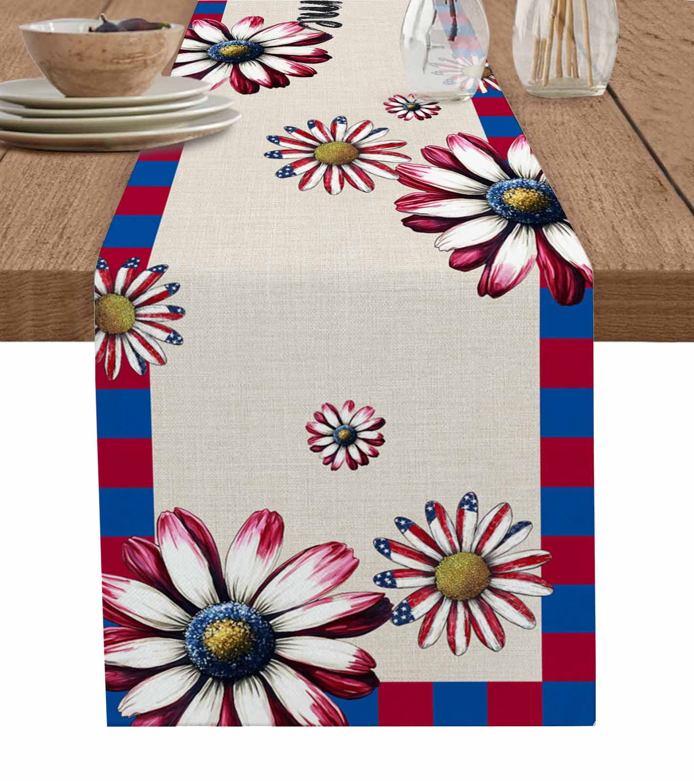4th of July Table Runner 72 Inches, Red Blue Floral Welcome ...