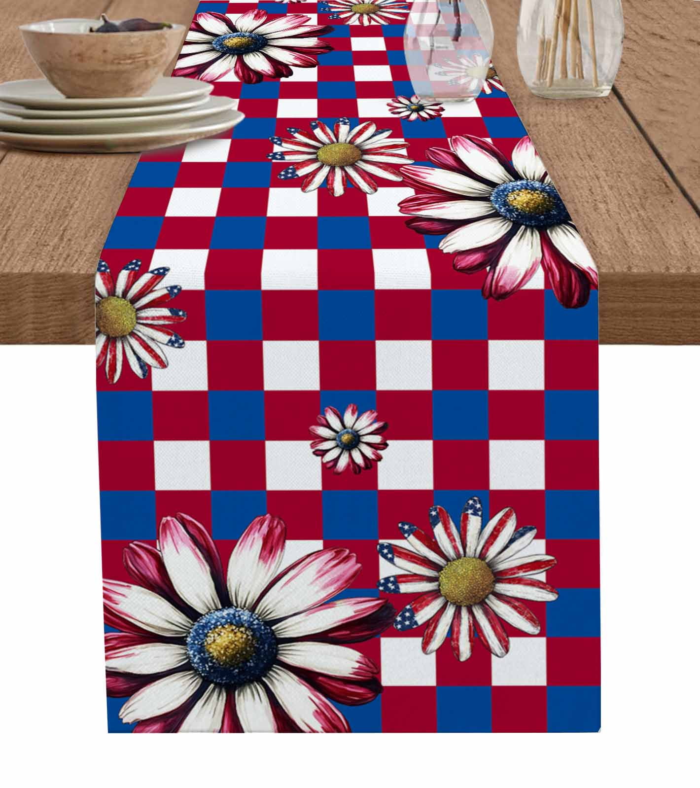 4th of July Table Runner 72 Inches, Red Blue Plaid Spring Floral ...