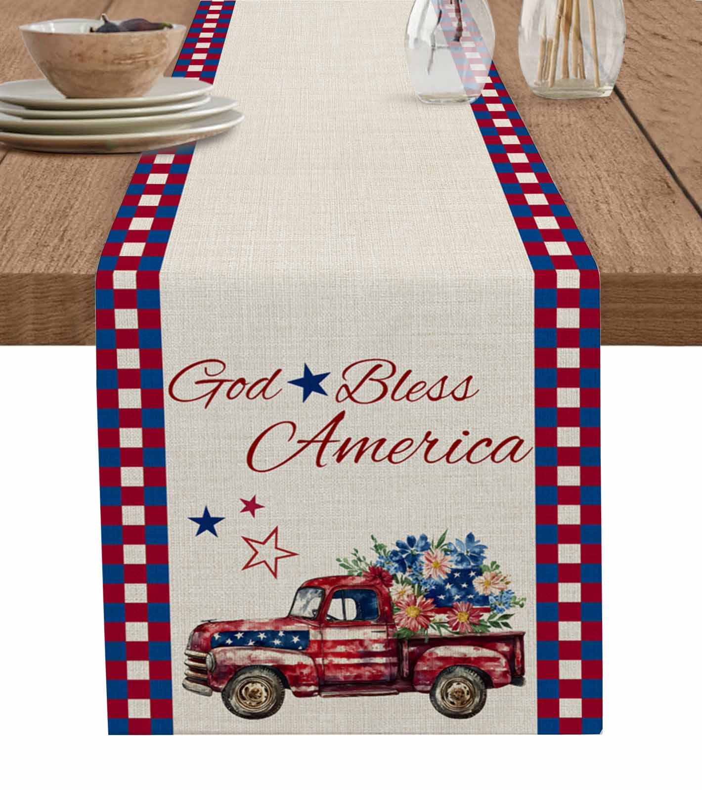 4th of July Table Runner 72 Inches, Red Blue Plaid Truck Floral ...