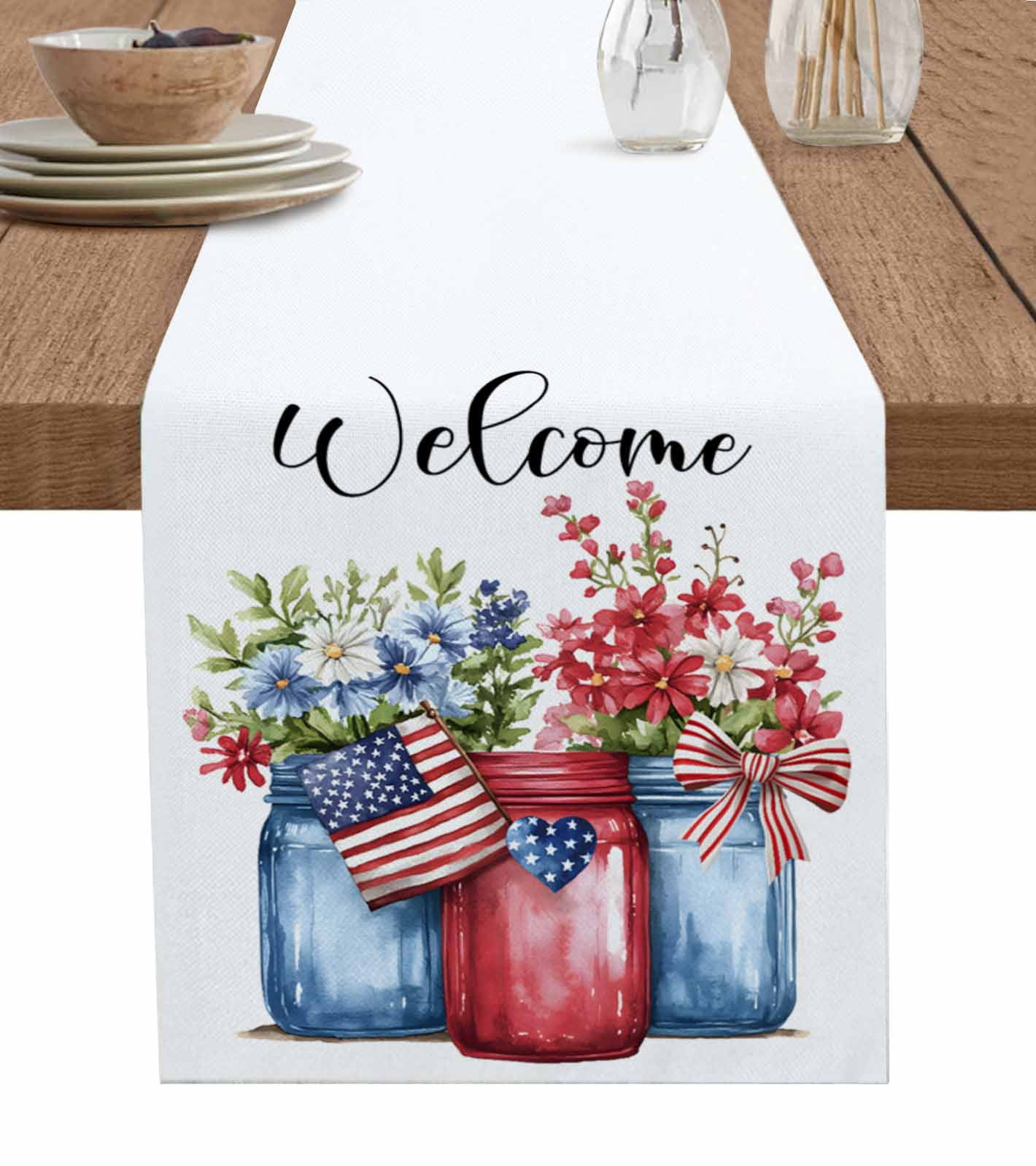 4th of July Table Runner 72 Inches, Spring Floral Red US Flag ...