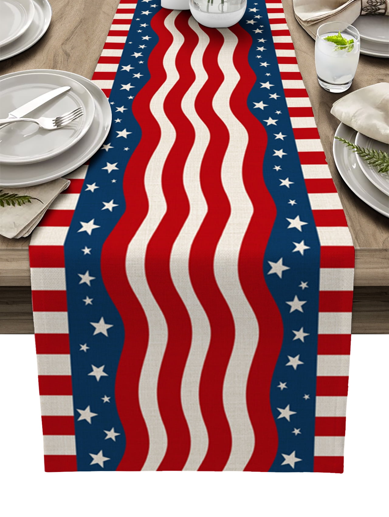4th of July Table Runner 72 Inches, Wave American Flag Star ...