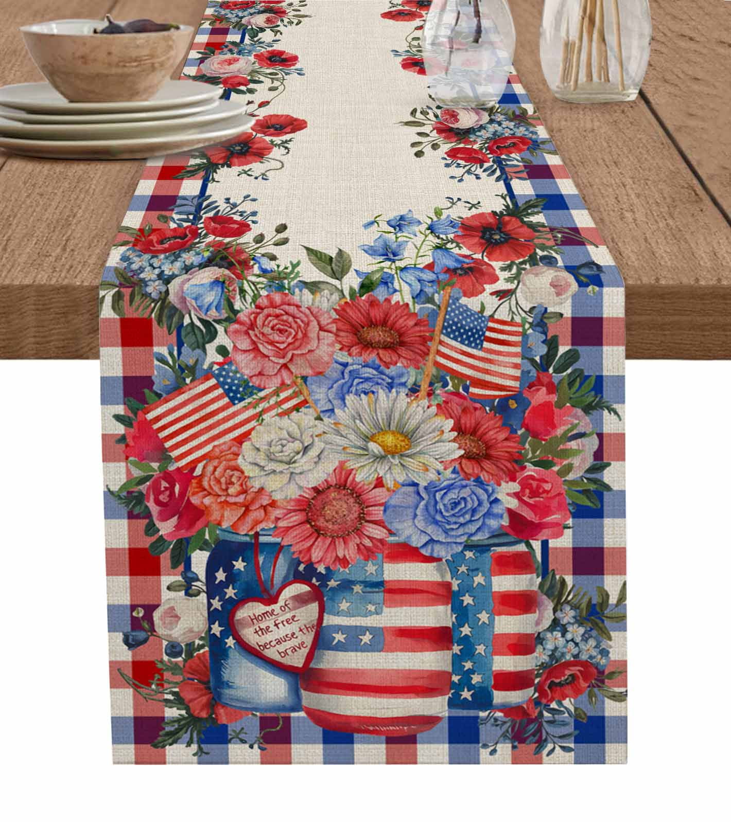 4th of July Table Runner 90 Inches, Red Spring Floral Striped ...
