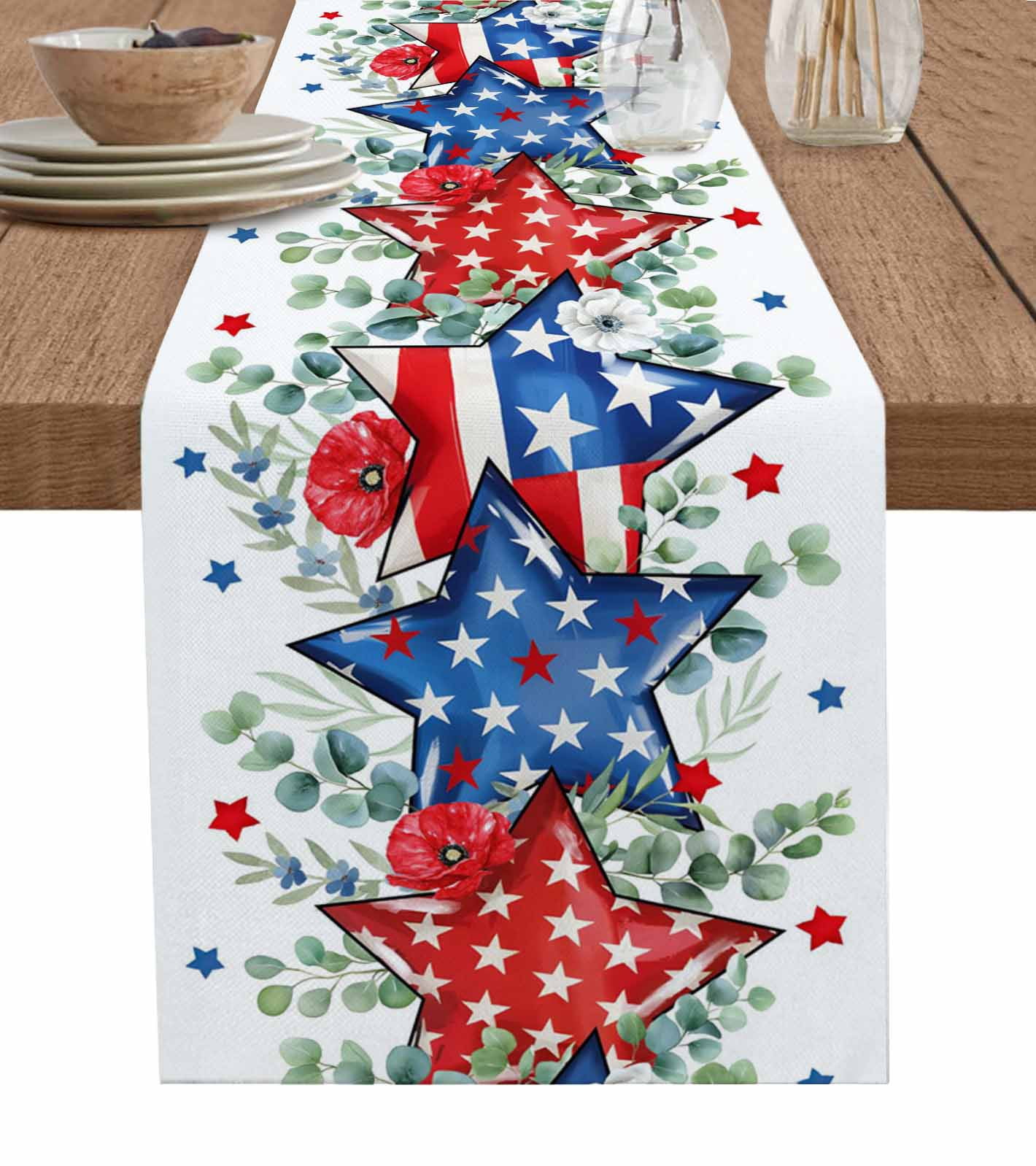 4th of July Table Runner Blue Red Independence Day Watercolor Stars ...