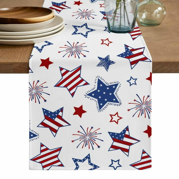 4th of July Table Runner, Independence Day Blue Red Star Fireworks ...