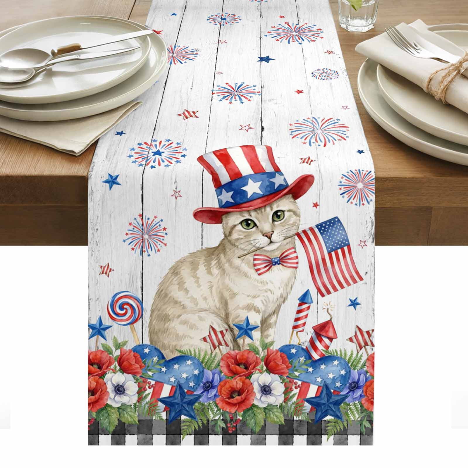 4th of July Table Runner Independence Day Patriotic Flowers Cat Grey ...