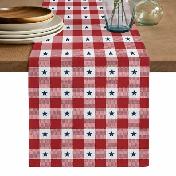 4th of July Table Runner, Independence Day Red White Plaid Blue Star ...