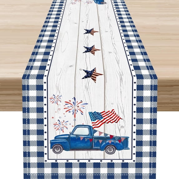 4th of July Table Runner,Navy Blue American Flag Truck Star Memorial ...