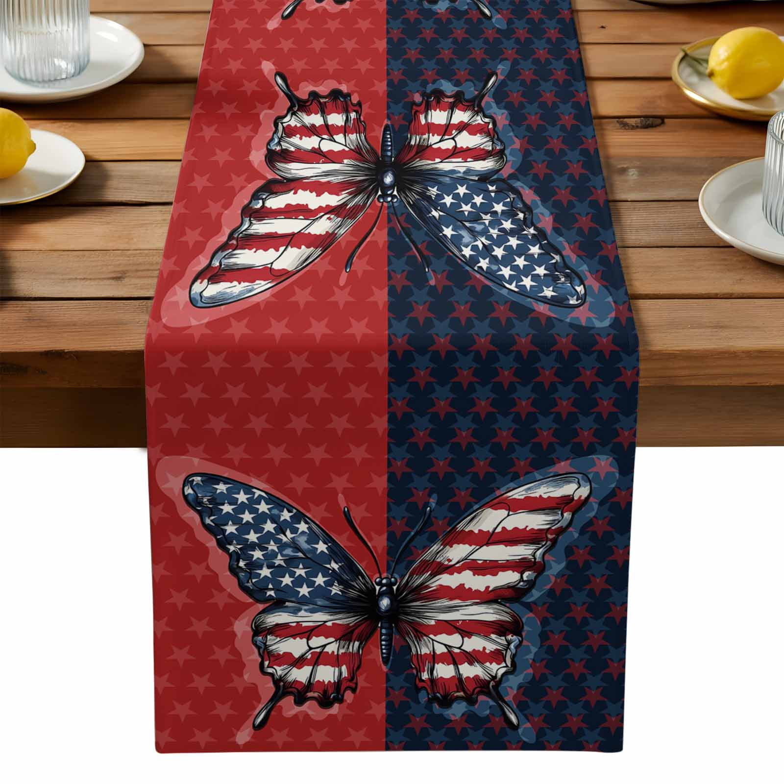 4th of July Table Runner, Patriotic American Flag Butterfly Cotton ...
