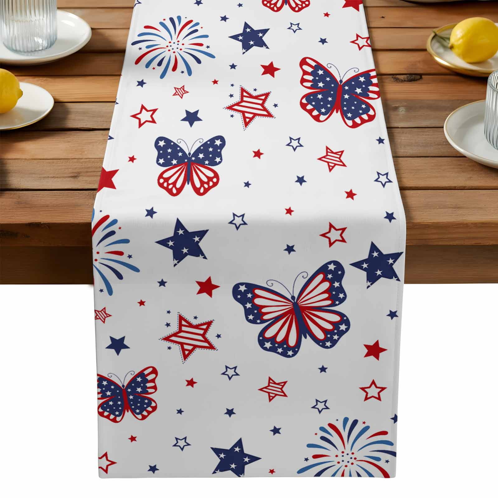 4th of July Table Runner, Patriotic Butterflies Fireworks Stars Cotton ...