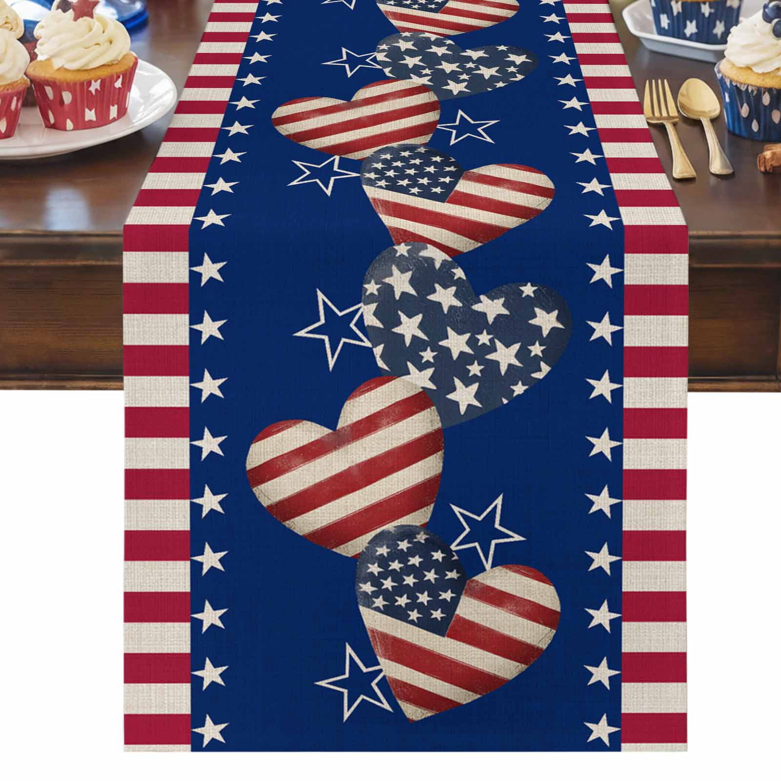 4th of July Table Runner Patriotic Love Table Runners Heart Red Blue ...