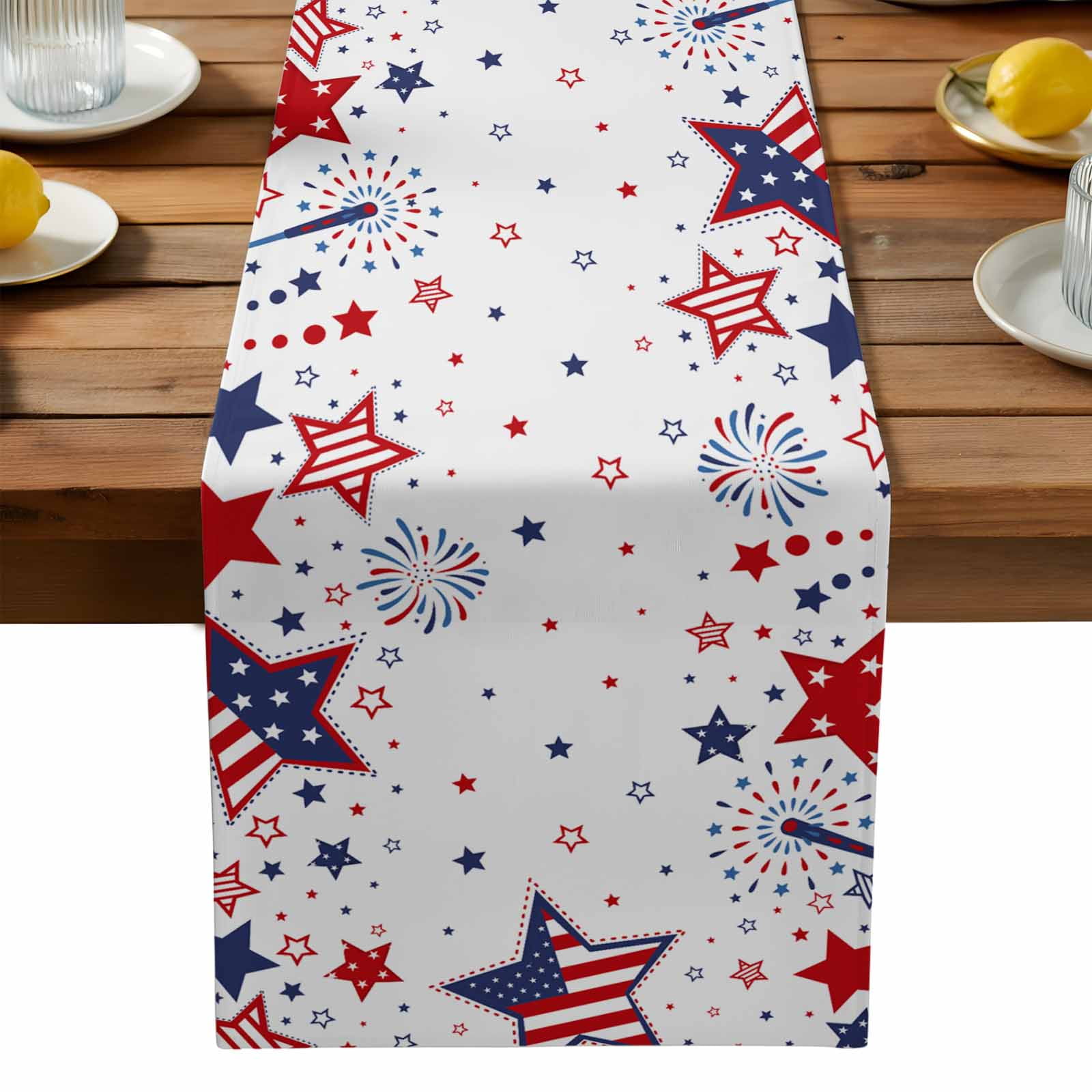 4th of July Table Runner, Patriotic Red Blue Stars Fireworks Cotton ...