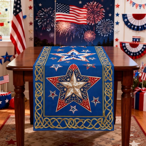 4th of July Table Runner, Patriotic Stars & Stripes& Bow Design, Linen ...